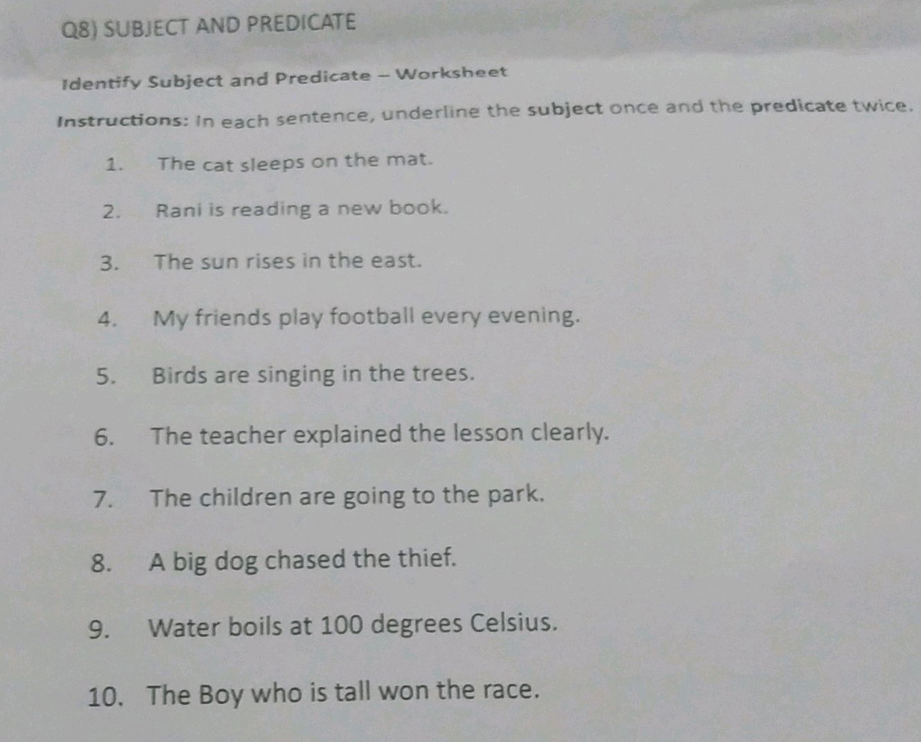 Q8) SUBJECT AND PREDICATE Identify Subject | StudyX