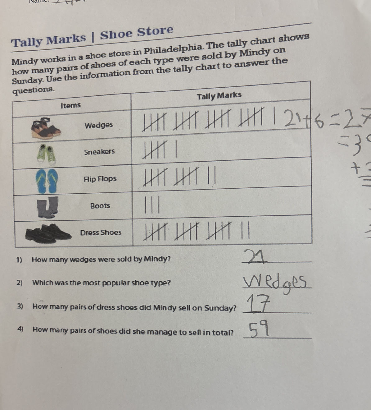 Tally Marks | Shoe Store Mindy works in a | StudyX