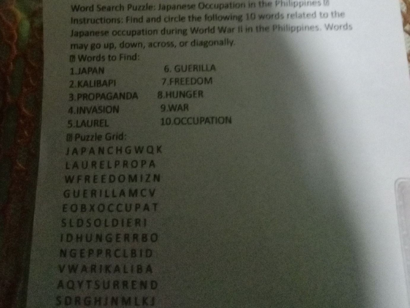 Word Search Puzzle: Japanese Occupation in
