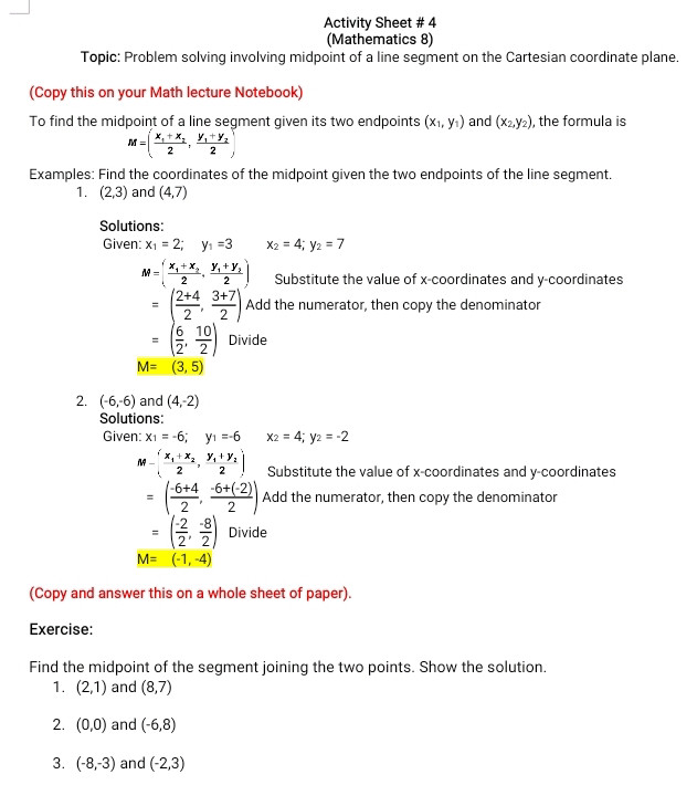 Activity Sheet # 4 (Mathematics 8) Topic: | StudyX