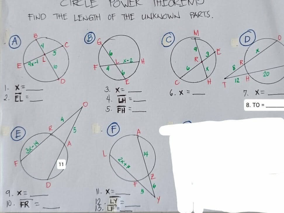 CIRCLE POWER THEOREM FIND THE LENGTH OF THE | StudyX