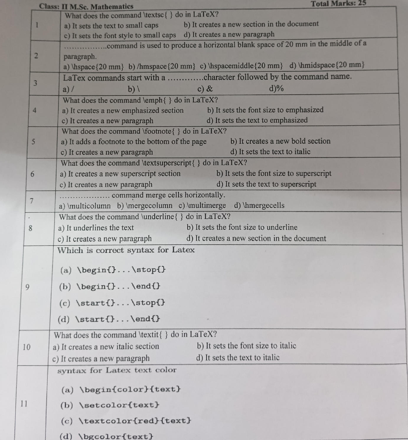 What does the command sc{ } do in LaTeX? a) | StudyX