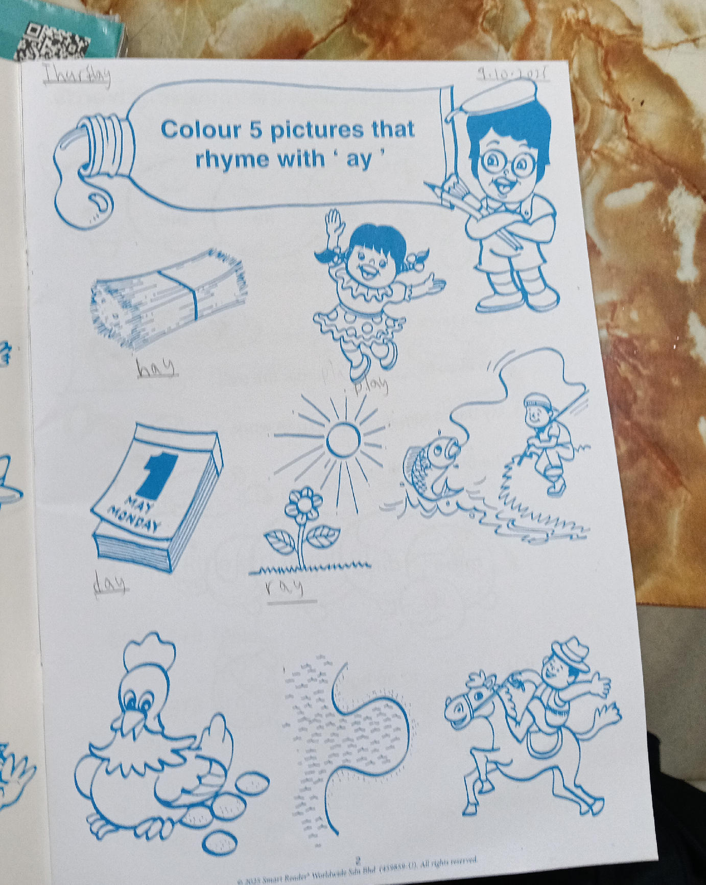 Colour 5 pictures that rhyme with 'ay' | StudyX