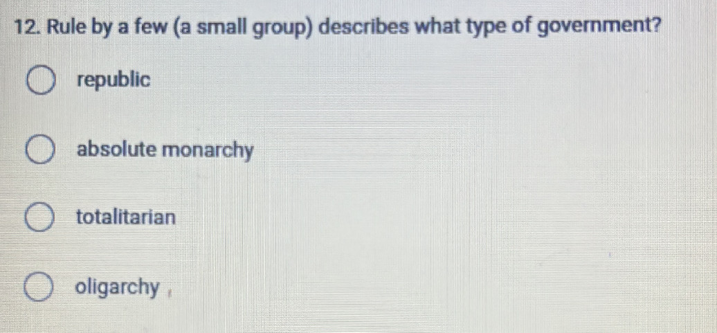 12. Rule by a few (a small group) describes | StudyX