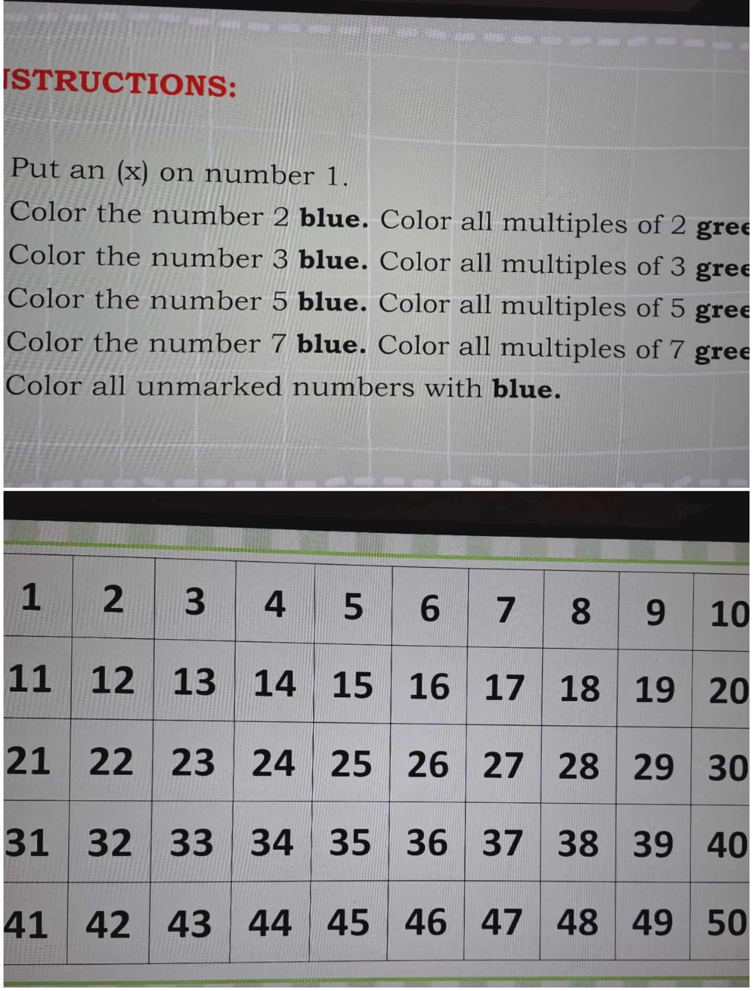 INSTRUCTIONS: Put an (x) on number 1. Color | StudyX