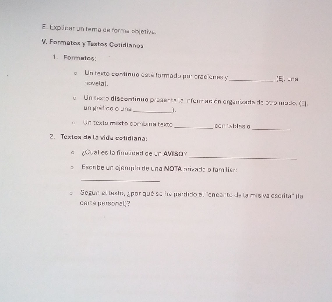 E. Explicar un tema de forma objetiva. V. | StudyX