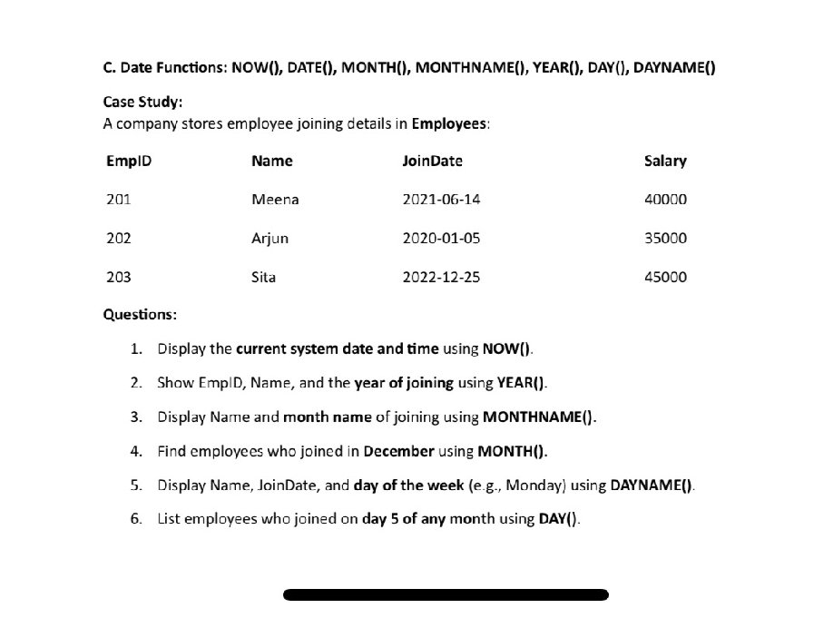 C. Date Functions: NOW(), DATE(), MONTH(), | StudyX
