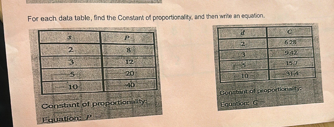 For each data table, find the Constant of | StudyX