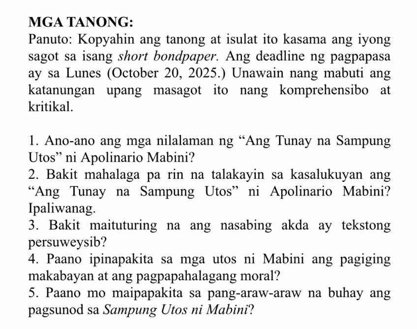 MGA TANONG: Panuto: Kopyahin ang tanong at | StudyX