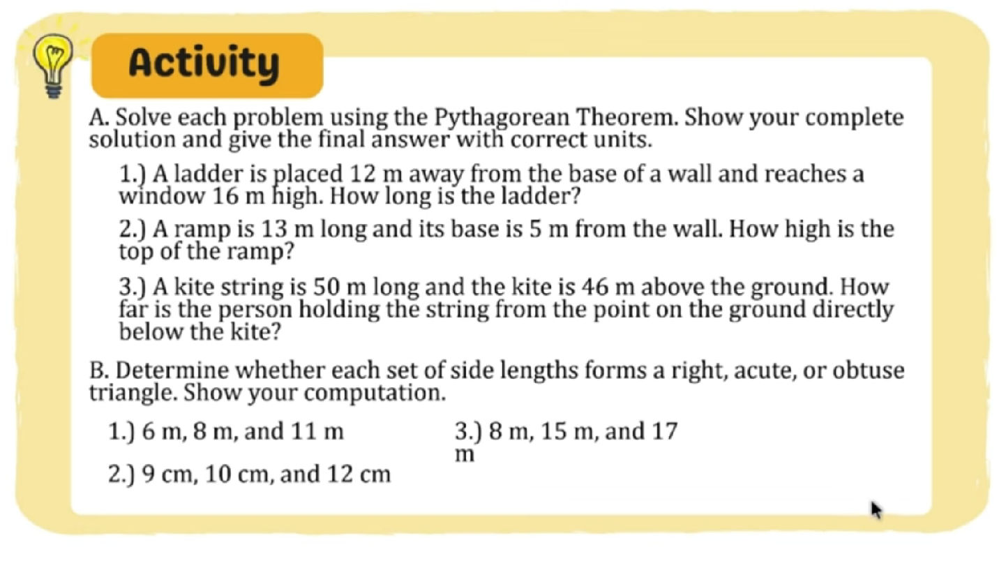 A. Solve each problem using the Pythagorean | StudyX