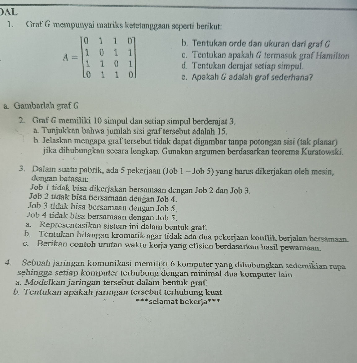 1. Graf G mempunyai matriks ketetanggaan | StudyX