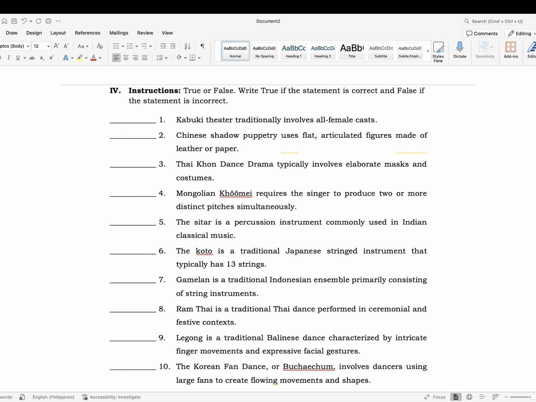 IV. Instructions: True or False. Write True | StudyX