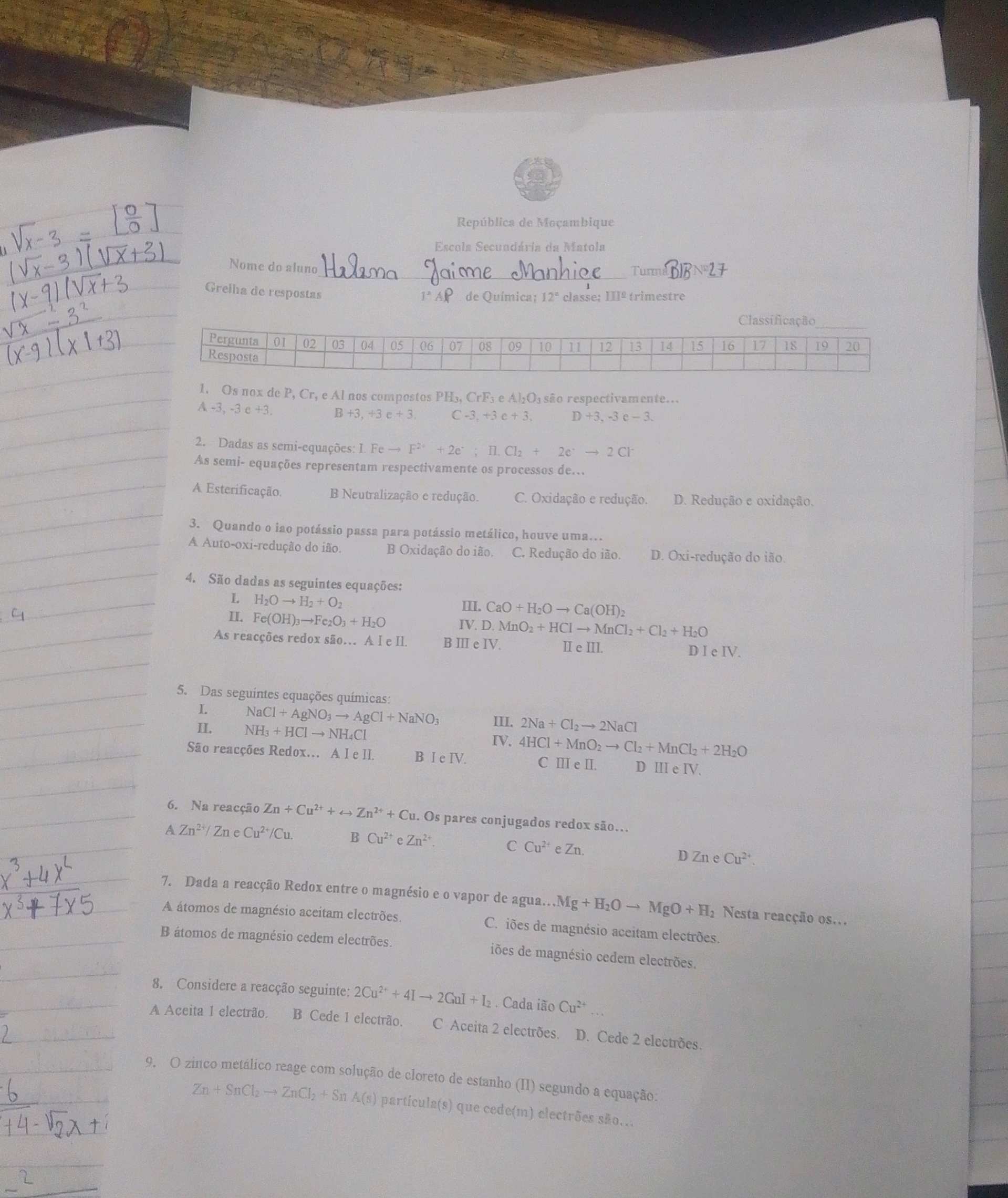 1. Os nox de P, Cr, e Al nos compostos PH3, | StudyX