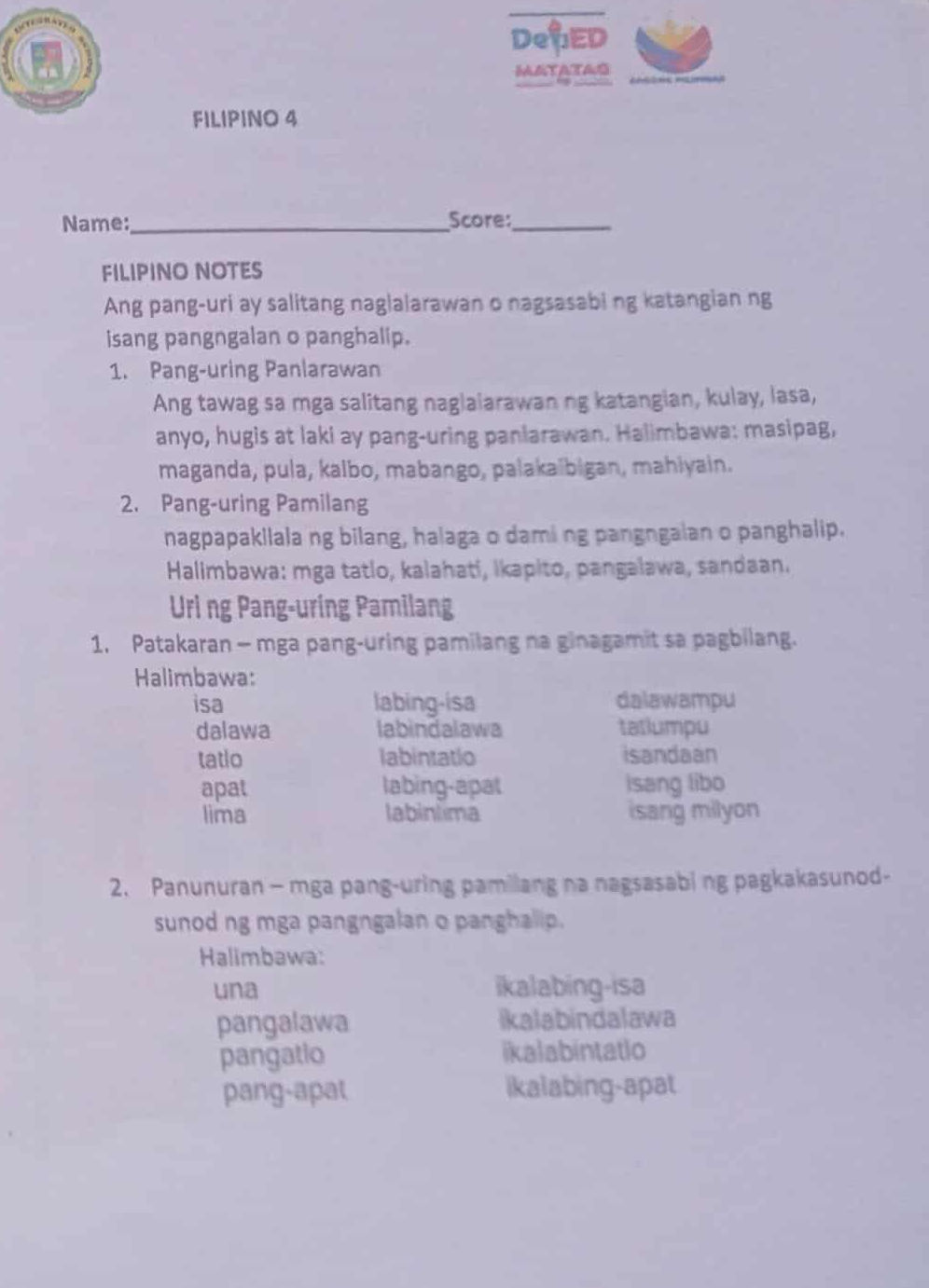 FILIPINO NOTES Ang pang-uri ay salitang | StudyX