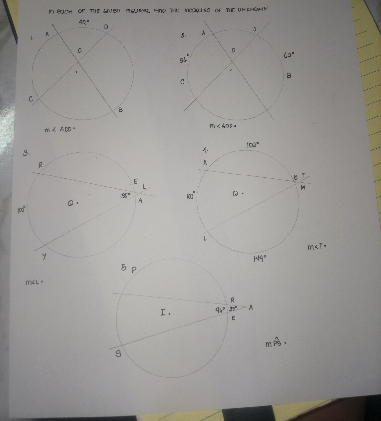 5. [Diagram showing a circle with center I. | StudyX
