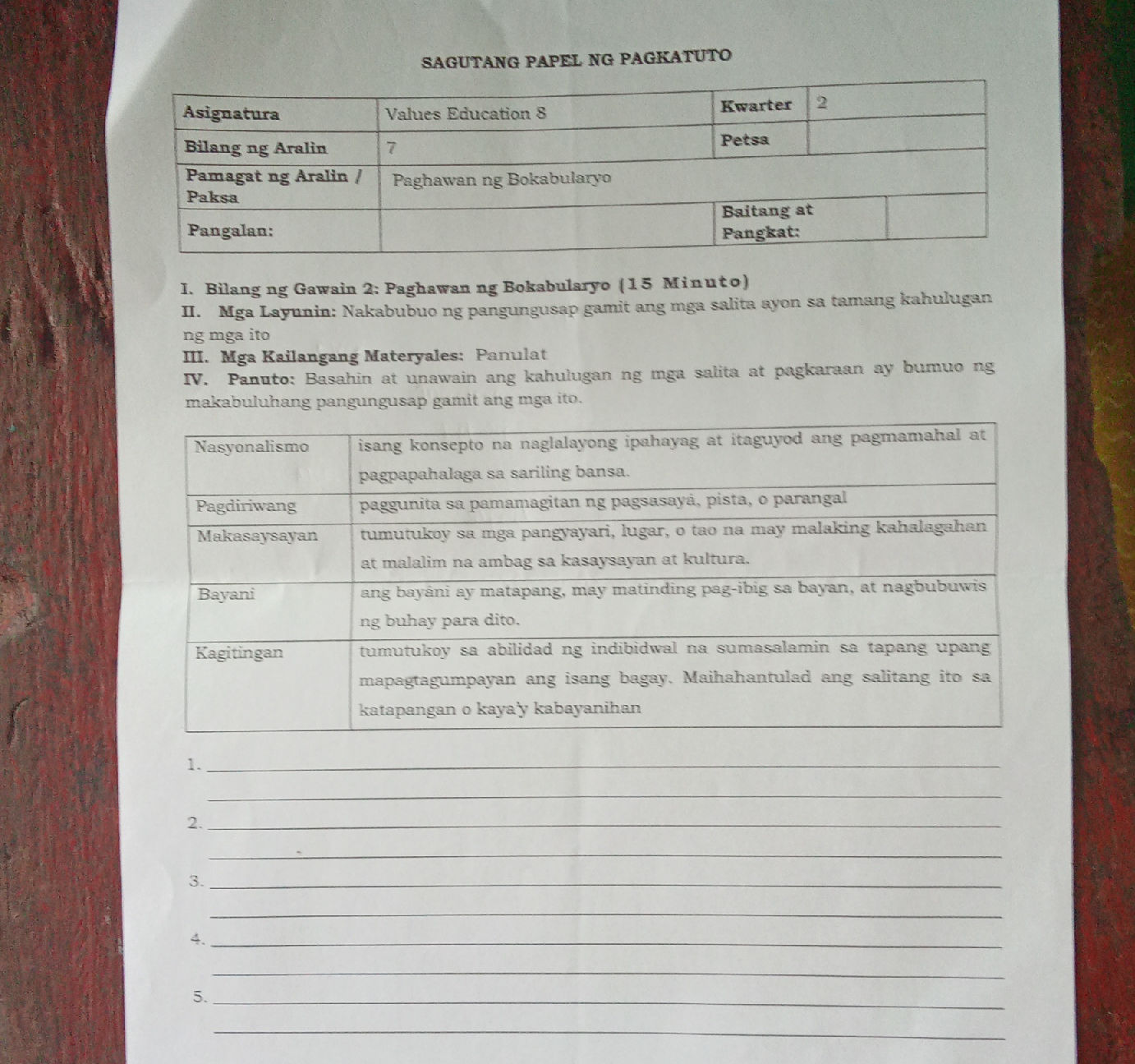 I. Bilang ng Gawain 2: Paghawan ng | StudyX