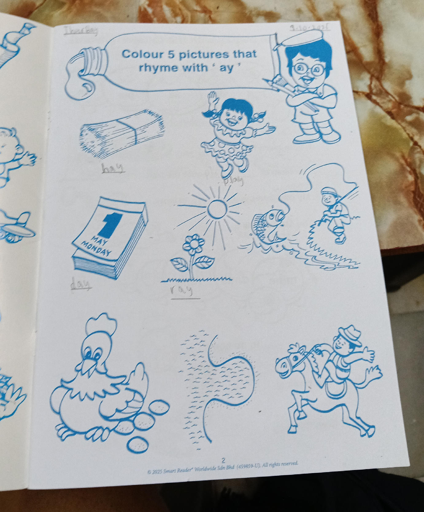 Colour 5 pictures that rhyme with 'ay' | StudyX