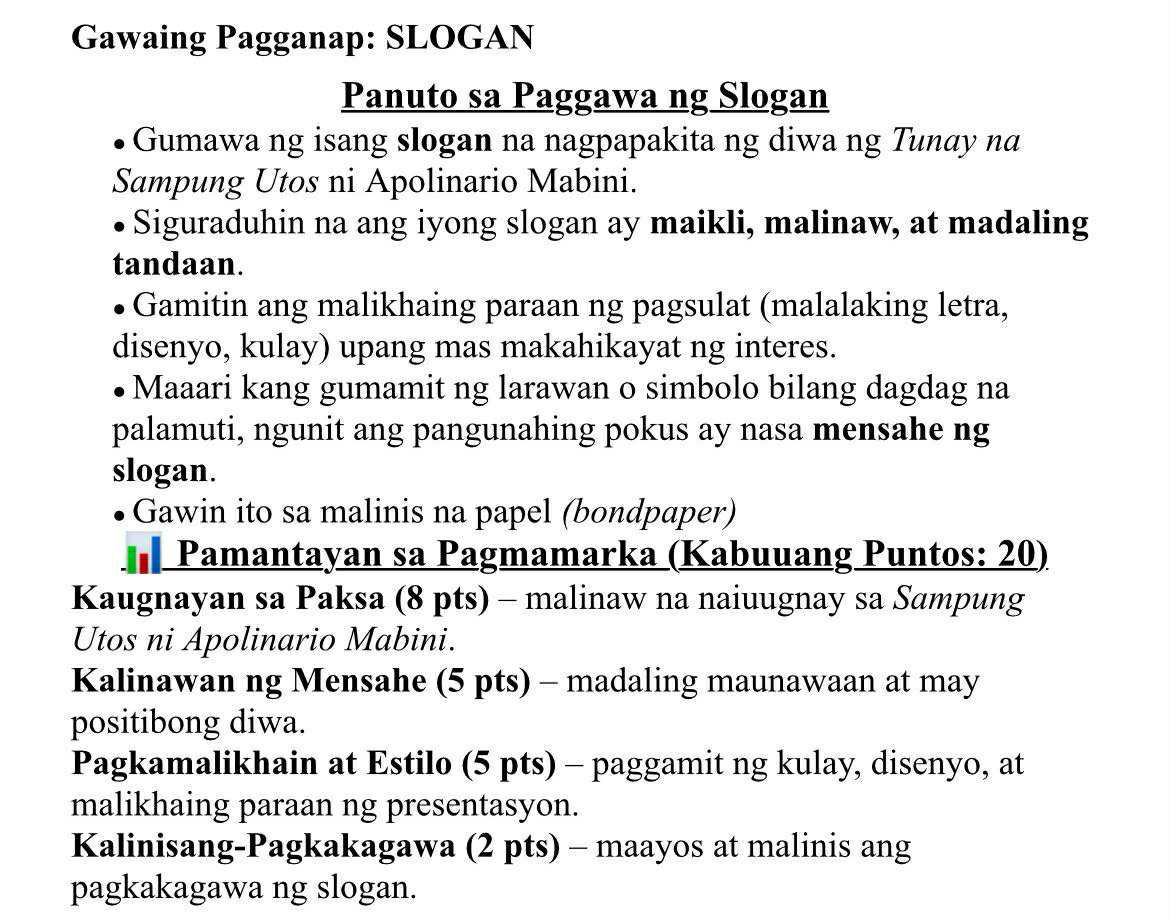 Gawaing Pagganap: SLOGAN **Panuto sa | StudyX