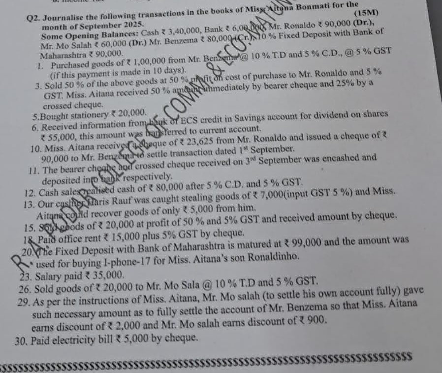 Q2. Journalise the following transactions in | StudyX