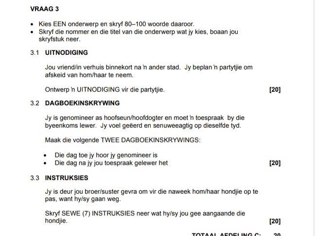 VRAAG 3 • Kies EEN onderwerp en skryf | StudyX