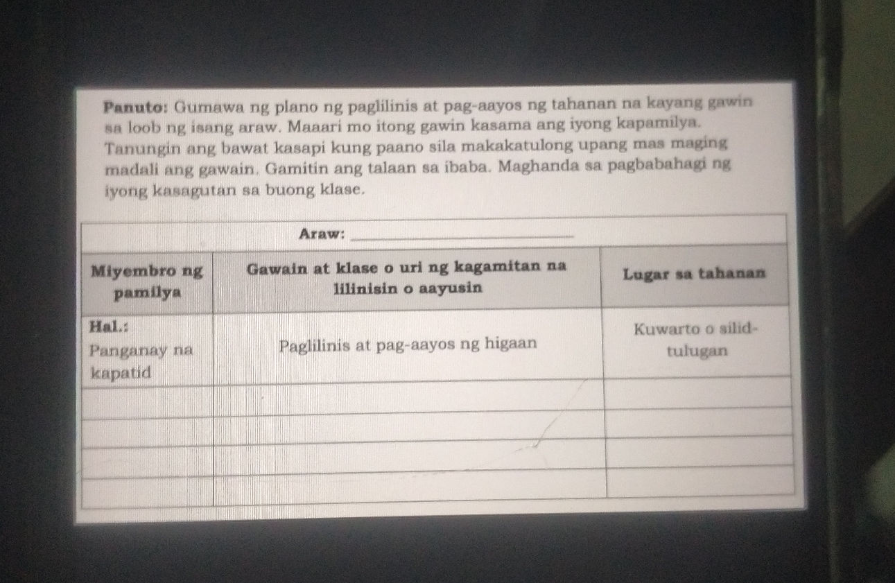 Panuto: Gumawa ng plano ng paglilinis at | StudyX