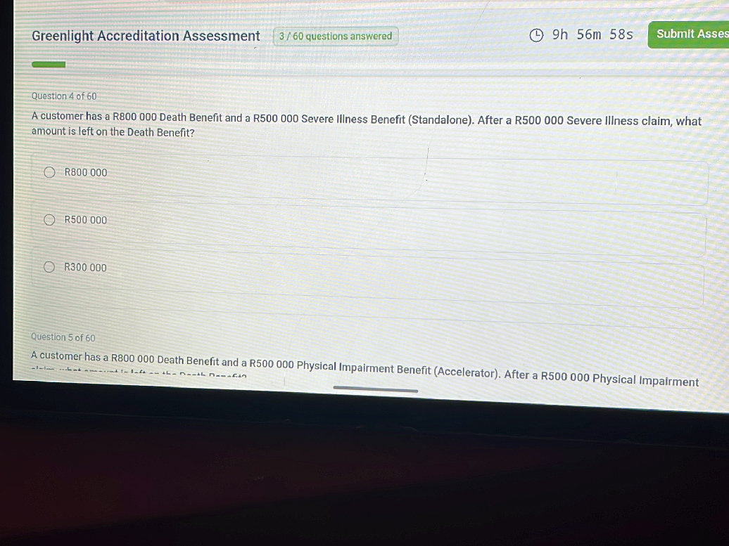 Question 4 of 60 A customer has a R800 000 | StudyX