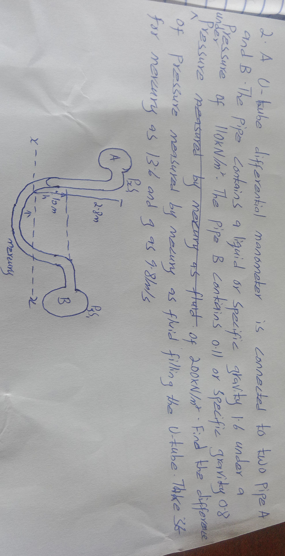 A U-tube differential manometer is connected | StudyX