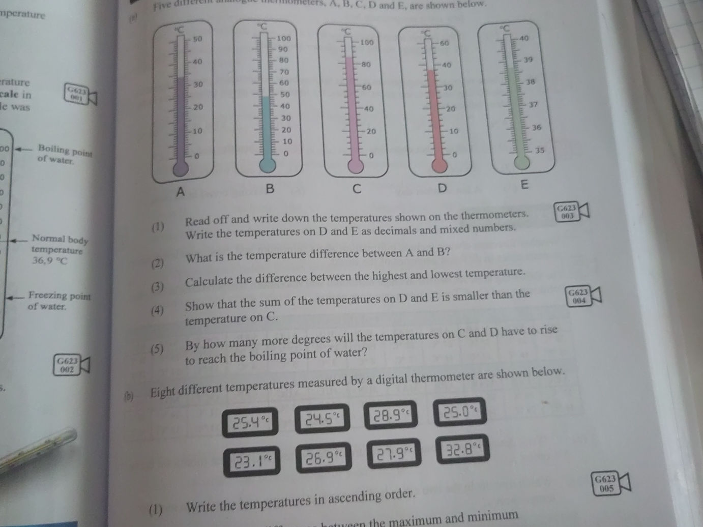 Five different analogue thermometers, A, B, | StudyX