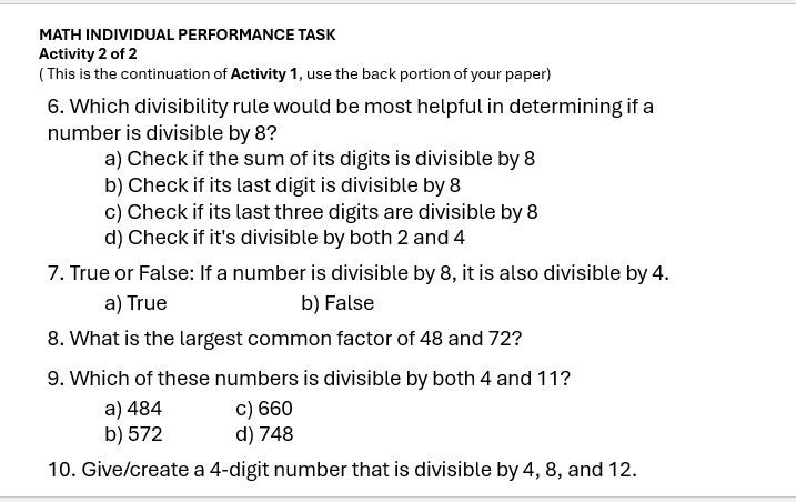 6. Which divisibility rule would be most | StudyX