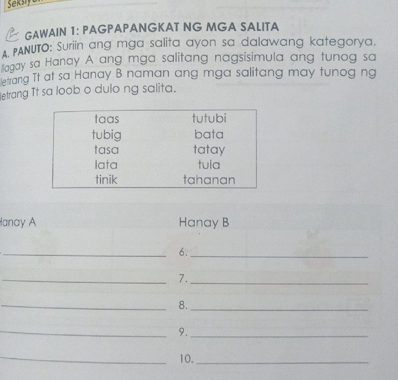 GAWAIN 1: PAGPAPANGKAT NG MGA SALITA A. | StudyX