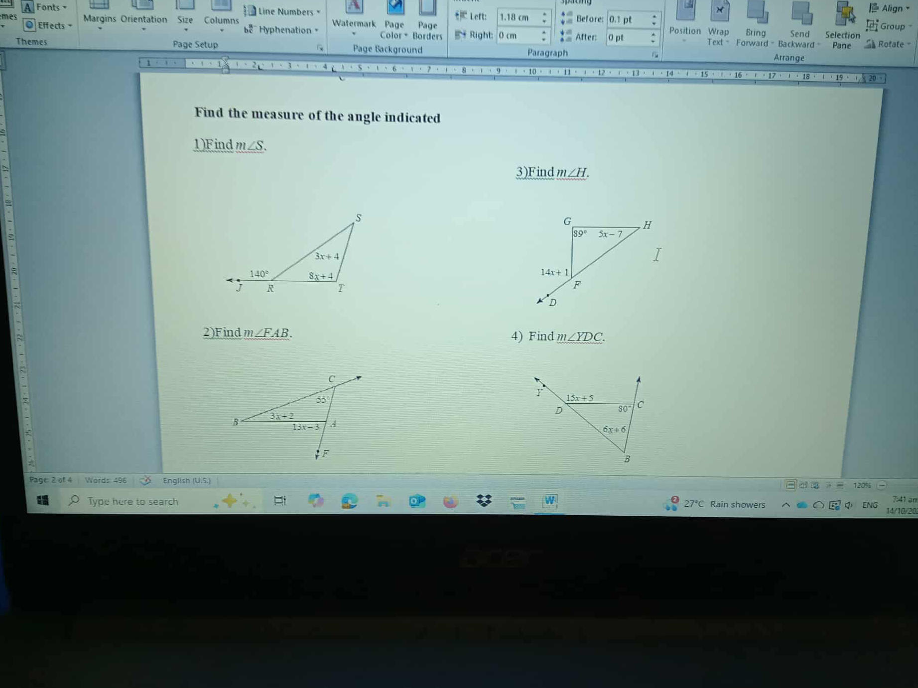 Find $m FAB$. Figure for Q2: A triangle | StudyX