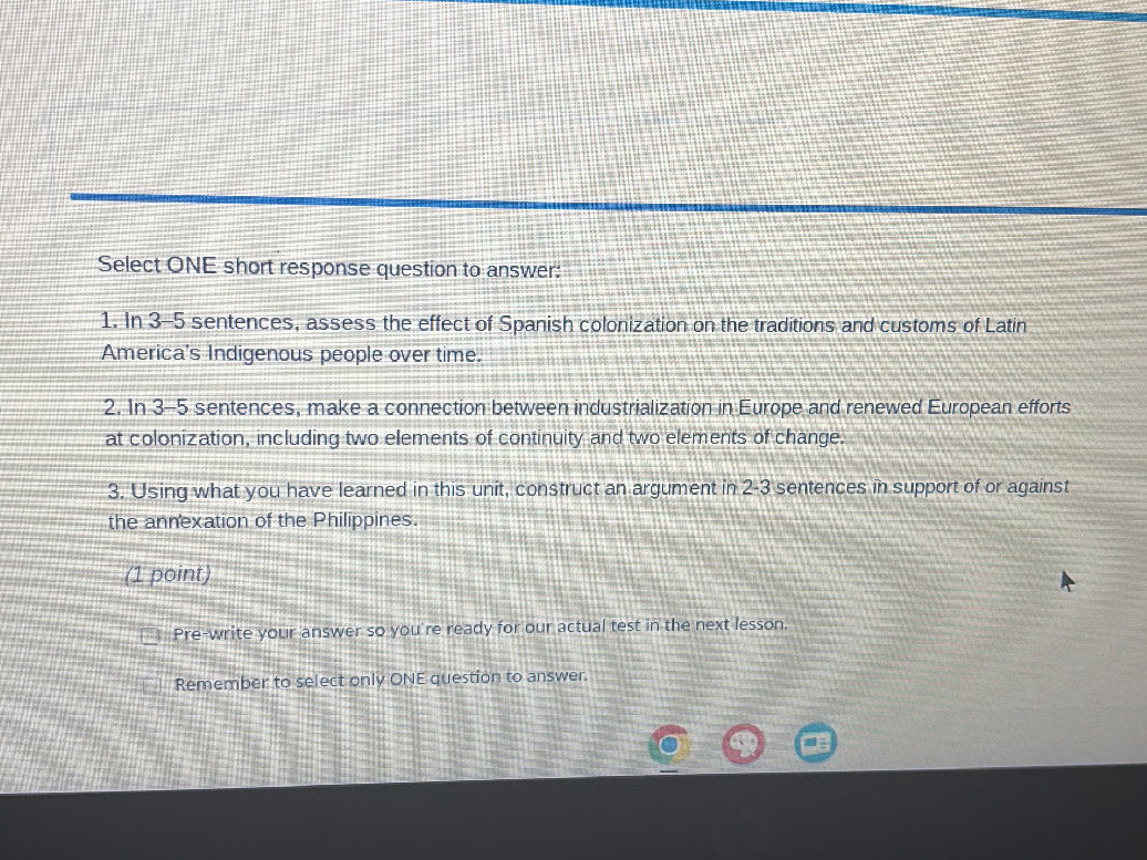 Select ONE short response question to | StudyX