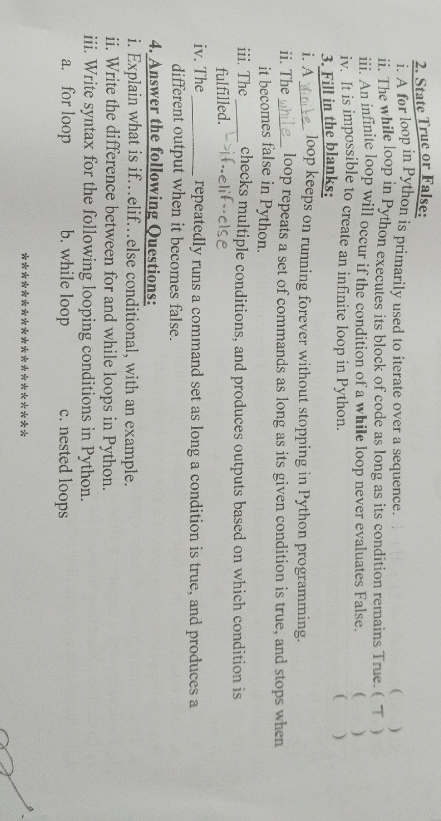 2. State True or False: i. A for loop in | StudyX