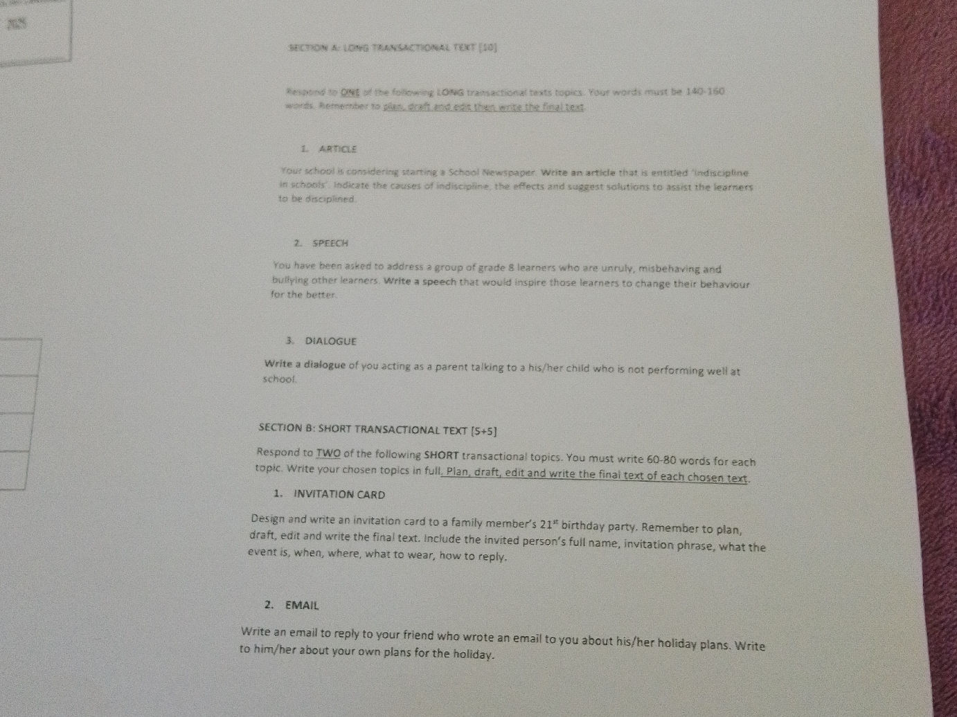 SECTION A: LONG TRANSACTIONAL TEXT [10] | StudyX