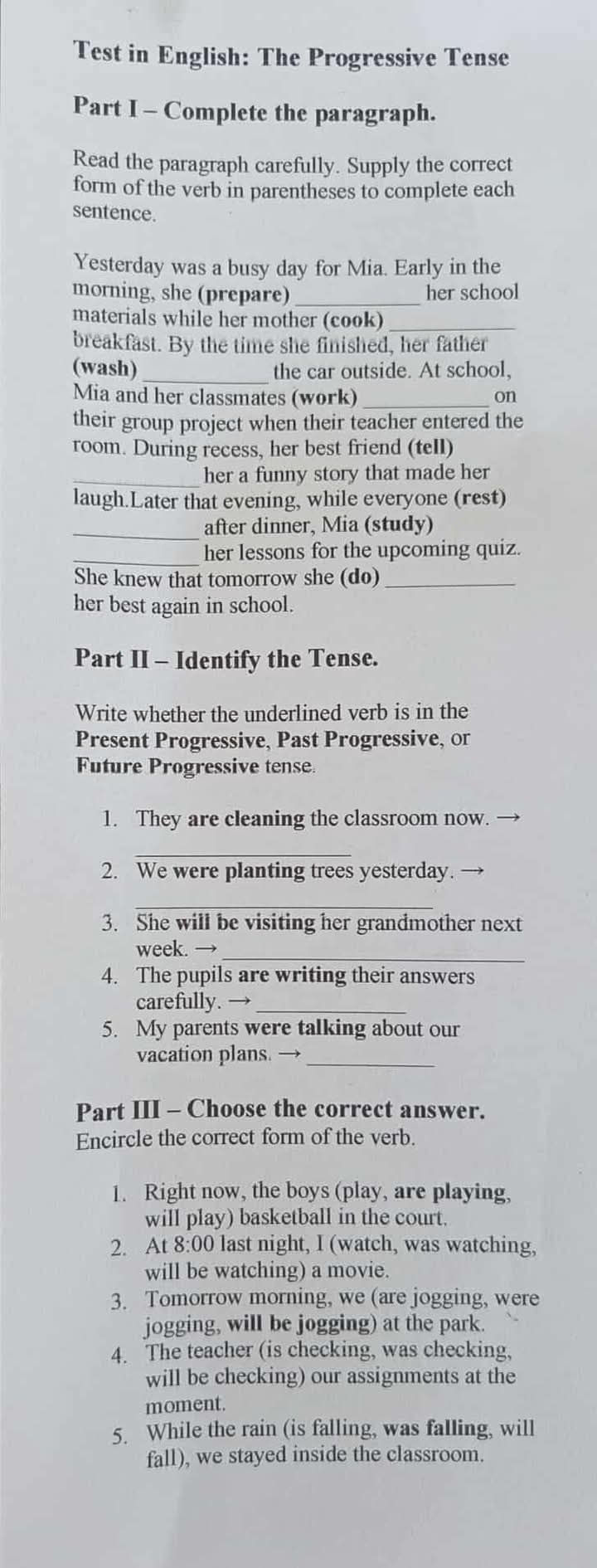 Test in English: The Progressive Tense Part | StudyX