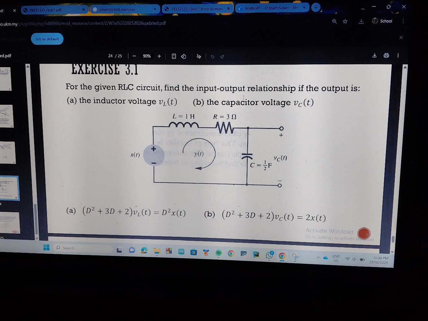 EXERCISE 3.1 For the given RLC circuit, | StudyX