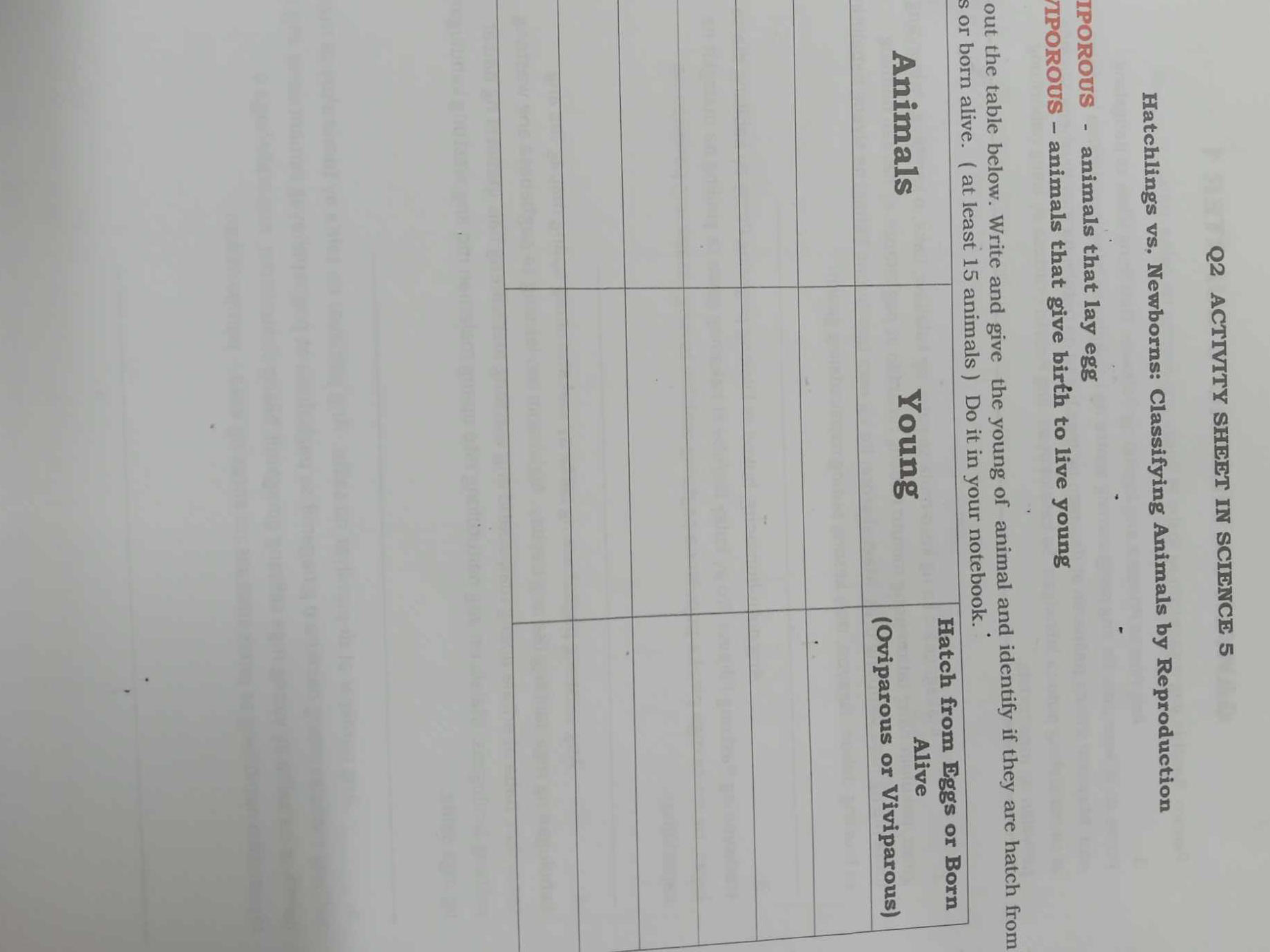 Q2 ACTIVITY SHEET IN SCIENCE 5 Hatchlings | StudyX