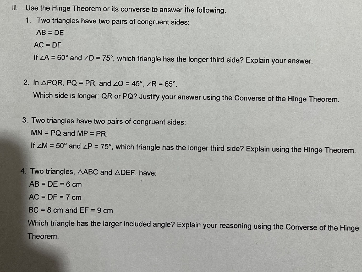 II. Use the Hinge Theorem or its converse to | StudyX