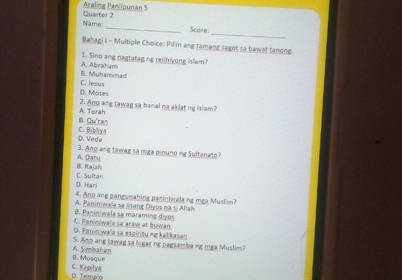 Araling Panlipunan 5 Quarter 2 Name: | StudyX