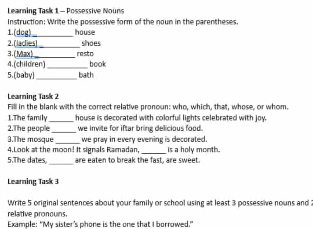 Learning Task 1 – Possessive Nouns | StudyX
