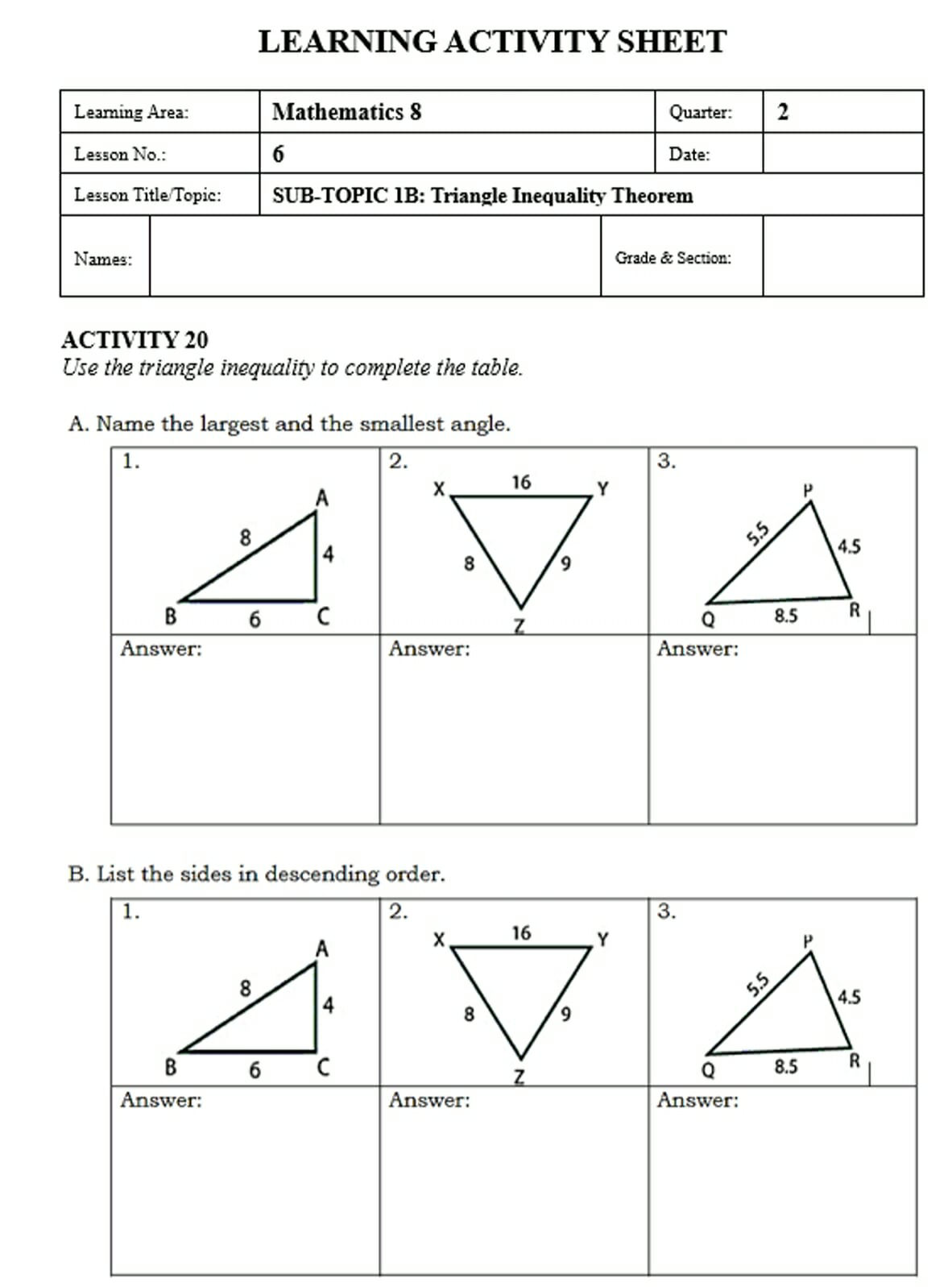 ACTIVITY 20 Use the triangle inequality to | StudyX