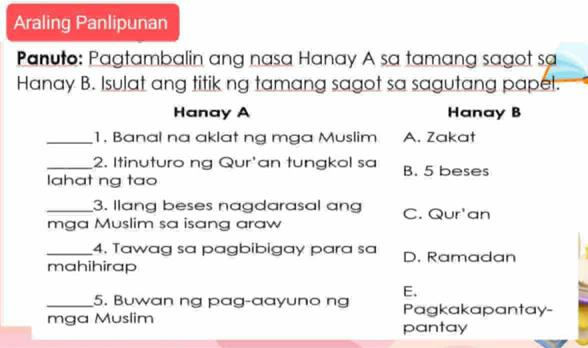 Panuto: Pagtambalin ang nasa Hanay A sa | StudyX