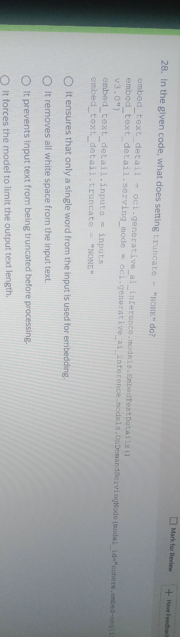 28. In the given code, what does setting | StudyX