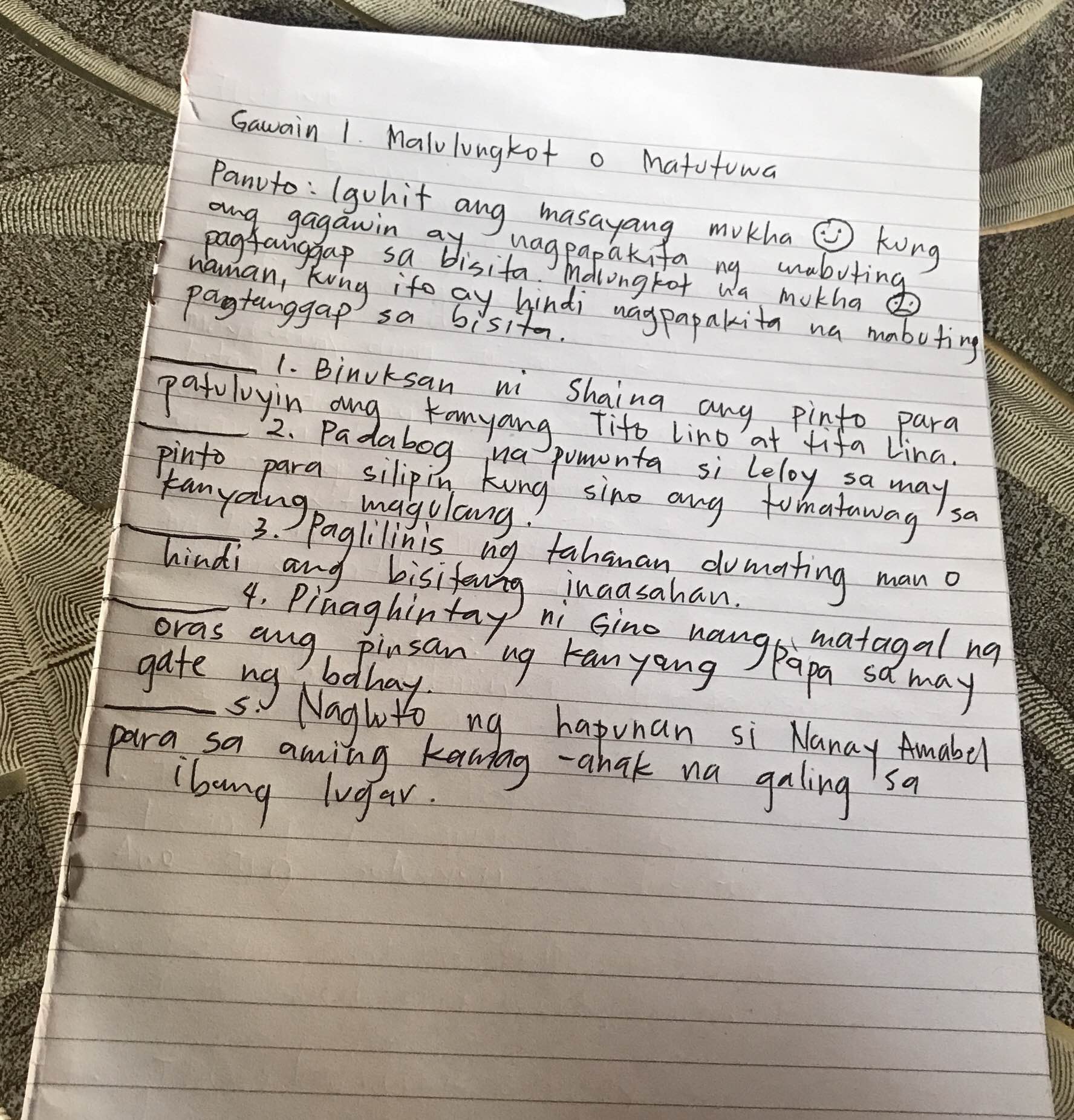 Gawain 1. Malulungkot o Matutuwa Panuto: | StudyX