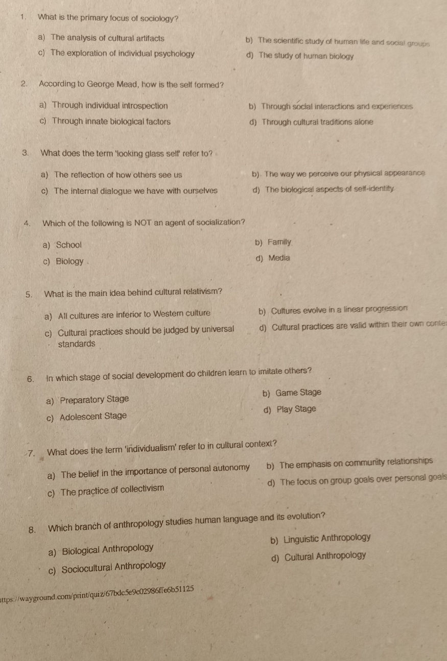What is the primary focus of sociology? a) | StudyX