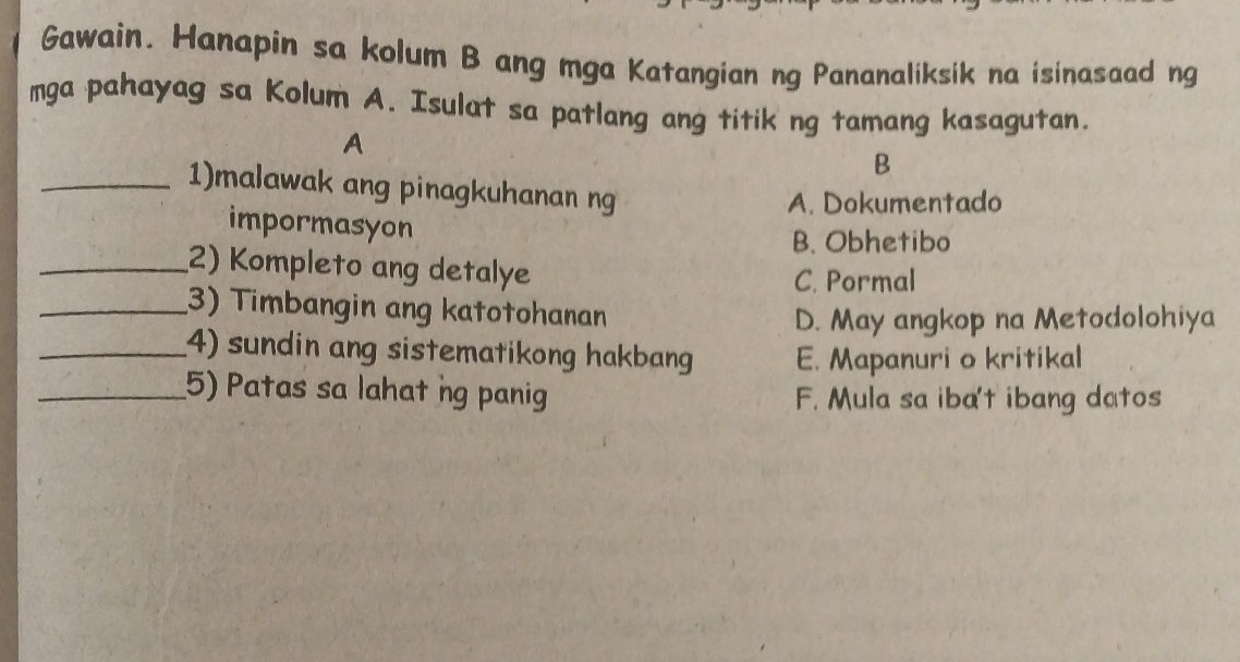 Gawain. Hanapin sa kolum B ang mga Katangian | StudyX