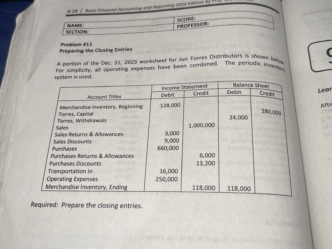 Problem #11 Preparing the Closing Entries A | StudyX