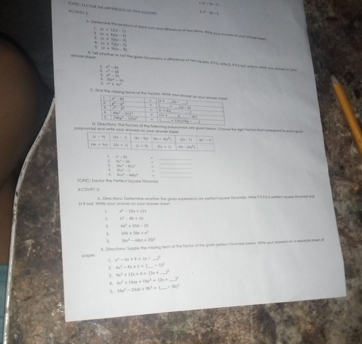 TOPIC: FACTOR THE DIFFERENCE OF TWO SQUARES | StudyX