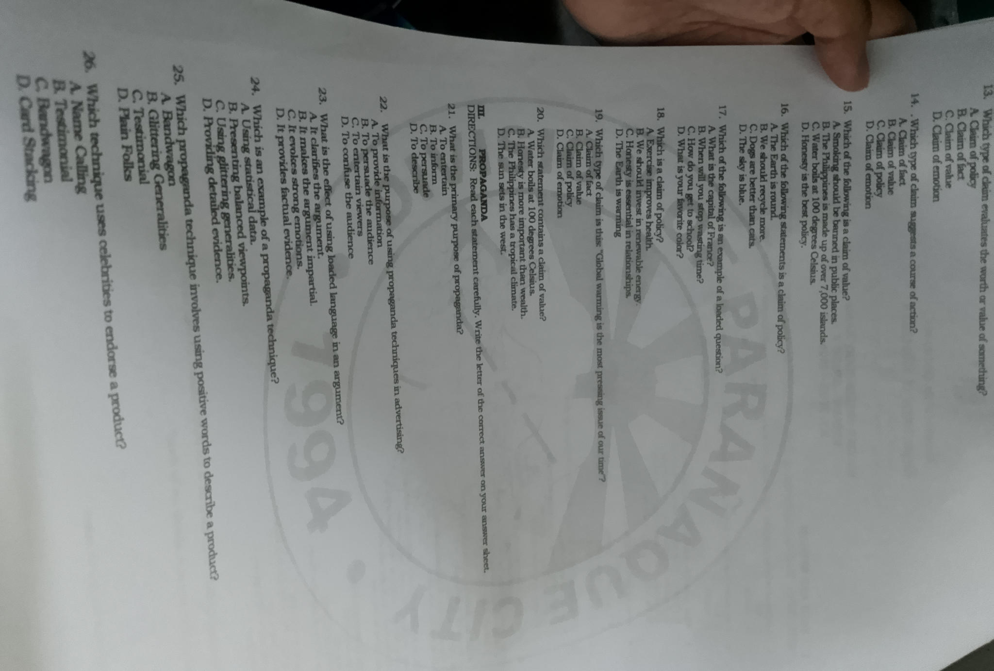 III. PROPAGANDA DIRECTIONS: Read each | StudyX