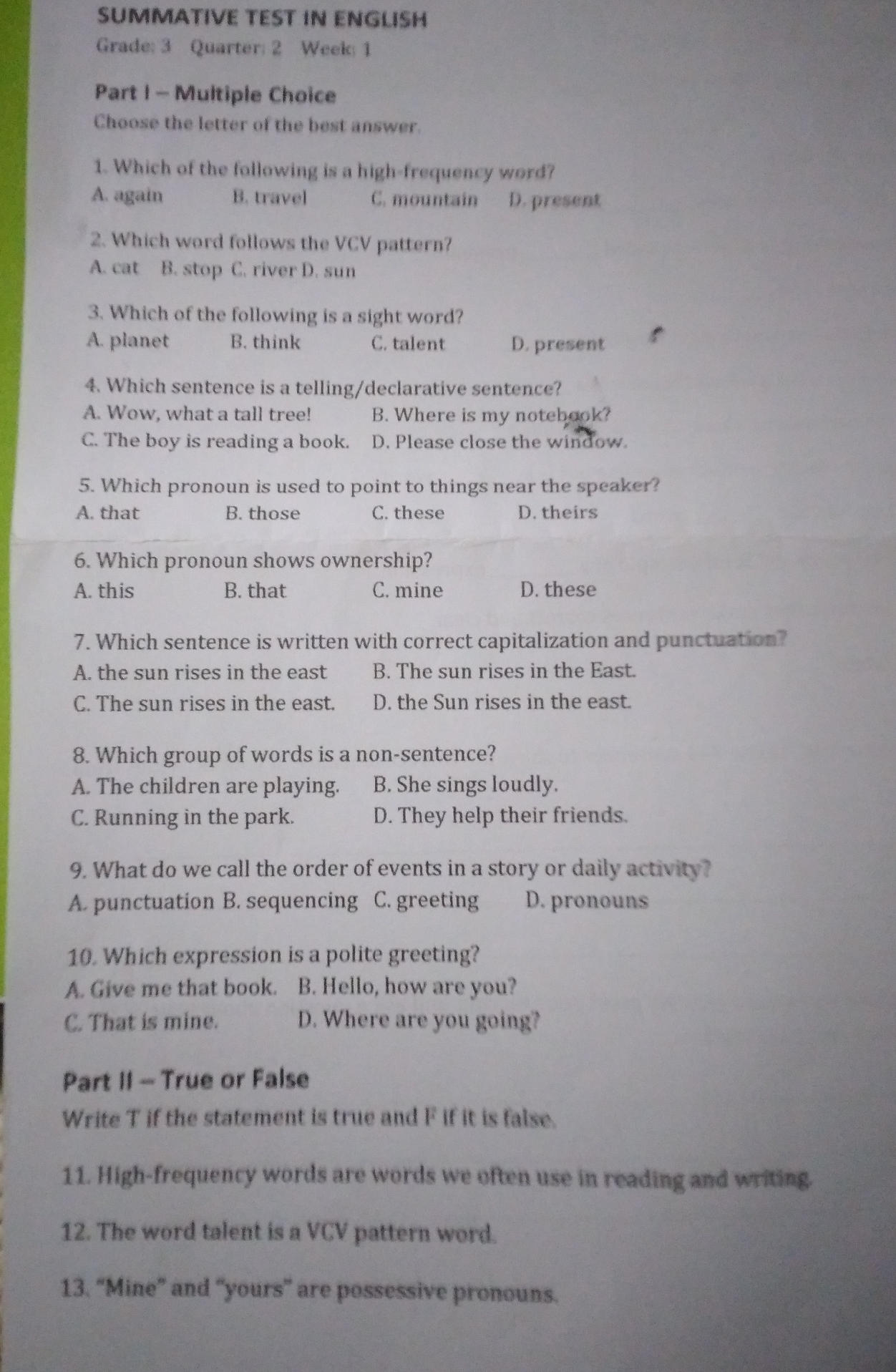 SUMMATIVE TEST IN ENGLISH Grade: 3 Quarter: | StudyX